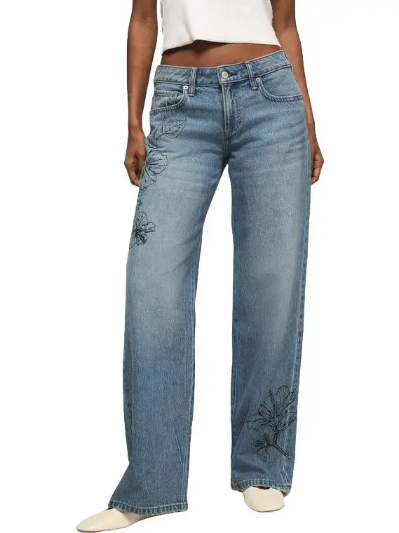 Lucky Brand Floral Embroidered Wide Leg Jeans - Island Time Wash
