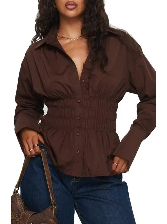 Princess Polly Shirred Button-up Shirt - Chocolate