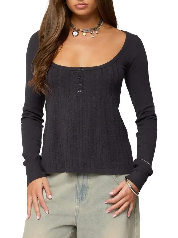 EDIKTED Jaylah Cable Stitch Long Sleeve Shirt - Dark-gray