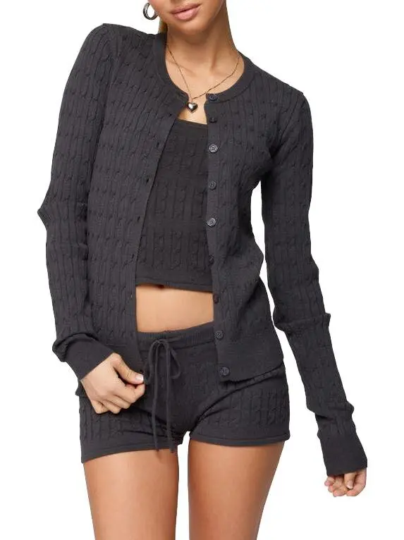 EDIKTED Cable Knit Crewneck Cardigan - Dark-gray