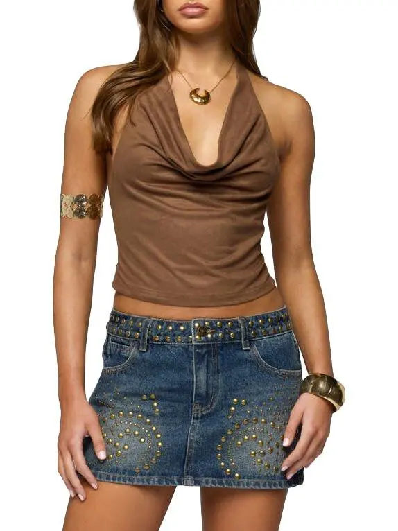 EDIKTED Faux Suede Halter Crop Top - Brown