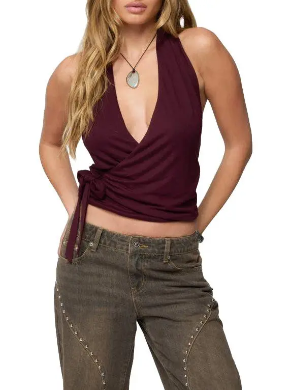 EDIKTED Addana Halter Faux Wrap Crop Top - Burgundy