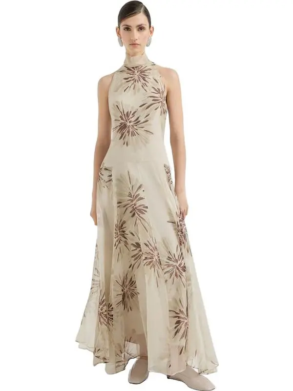 Brunello Cucinelli Bloom Print Organza Dress - Beige