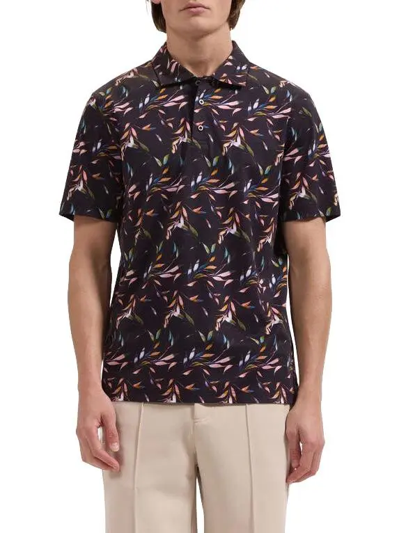 Bugatchi Hendrix Leaf Print Pima Cotton Polo - Black