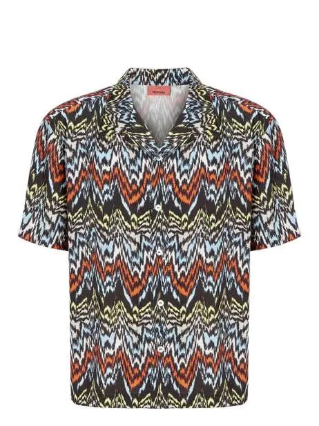 UM Bowling Shirt In Viscose With Abstract Zigzag Print - Black & Multicoloured