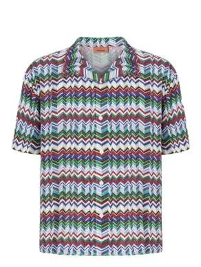 UM Bowling Shirt In Viscose With Irregular Zigzag Print - Blue Multi