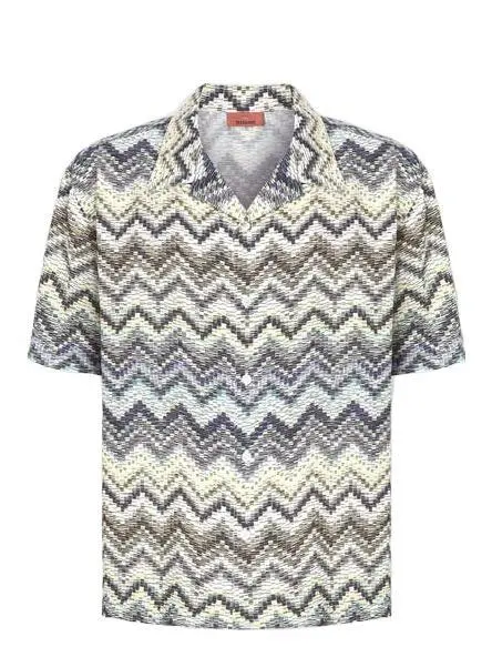 UM Bowling Shirt In Viscose With Dashed Zigzag Print - Multicoloured