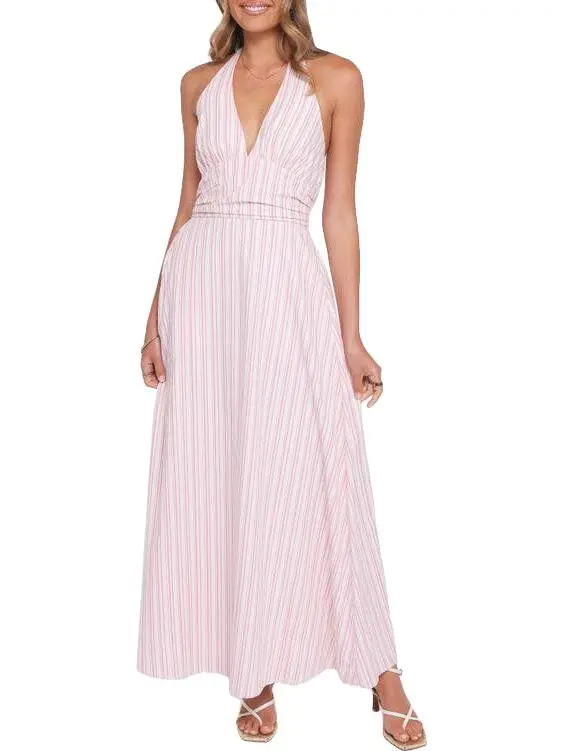 PETAL & PUP Marie Stripe Halter Maxi Dress - Pink Stripe