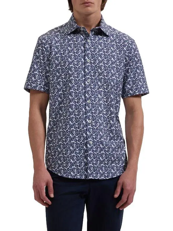 Bugatchi Miles Ooohcotton® Floral Short Sleeve Button-up Shirt - Navy