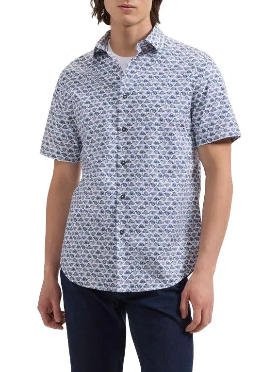 Bugatchi Orson Flamingo Print Short Sleeve Stretch Cotton Button-up Shirt - Navy
