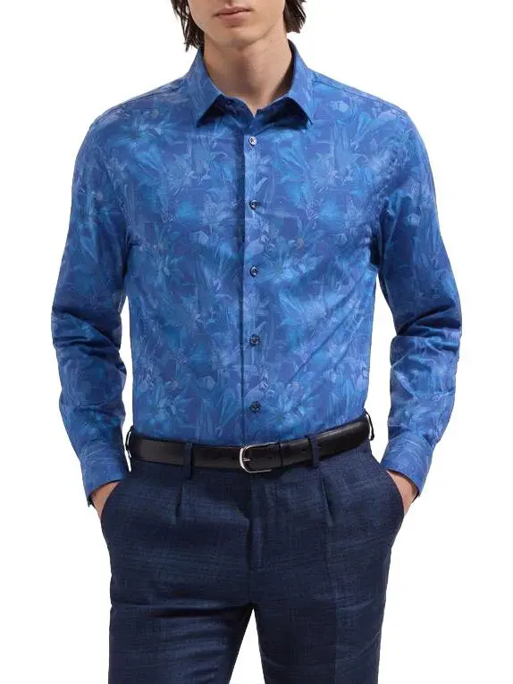 Bugatchi Julian Shaped Fit Floral Stretch Cotton Button-up Shirt - Classic Blue