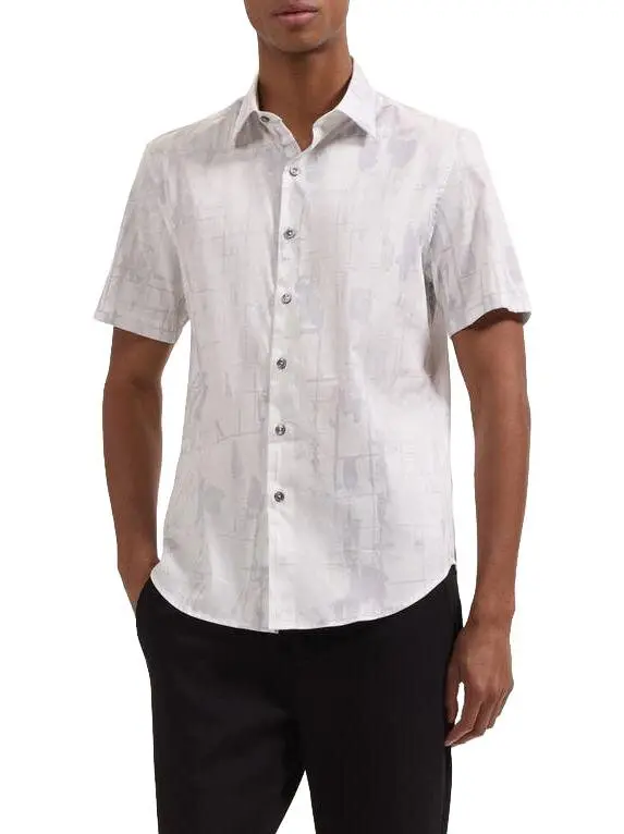 Bugatchi Orson Shaped Fit Short Sleeve Stretch Cotton Button-up Shirt - Platinum