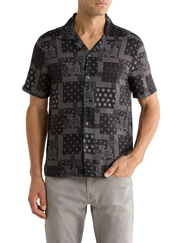 John Varvatos Dan Bandana Print Linen Camp Shirt - Black