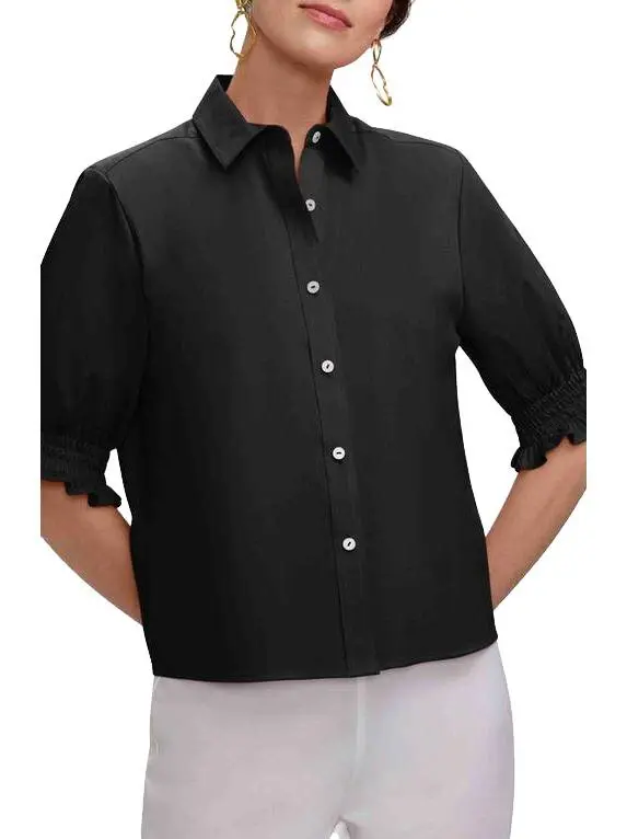Foxcroft Vivienne Elbow Sleeve Matte Sateen Button-up Shirt - Black