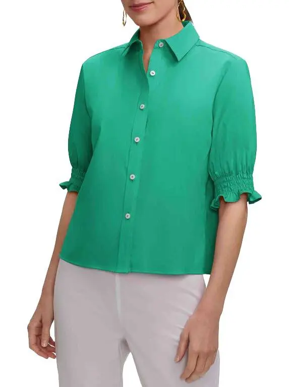 Foxcroft Vivienne Elbow Sleeve Matte Sateen Button-up Shirt - Kelly Green