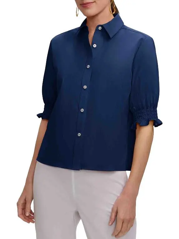 Foxcroft Vivienne Elbow Sleeve Matte Sateen Button-up Shirt - Navy Blue