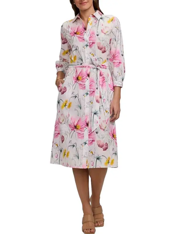 Foxcroft Esther Floral Belted Cotton Shirtdress - Pink/multi