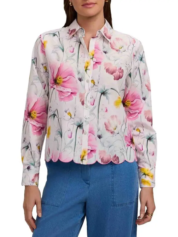 Foxcroft Floral Scallop Hem Button-up Shirt - Pink/multi