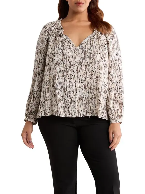 Nordstrom Gathered Tie Neck Top - Ivory- Brown Textural