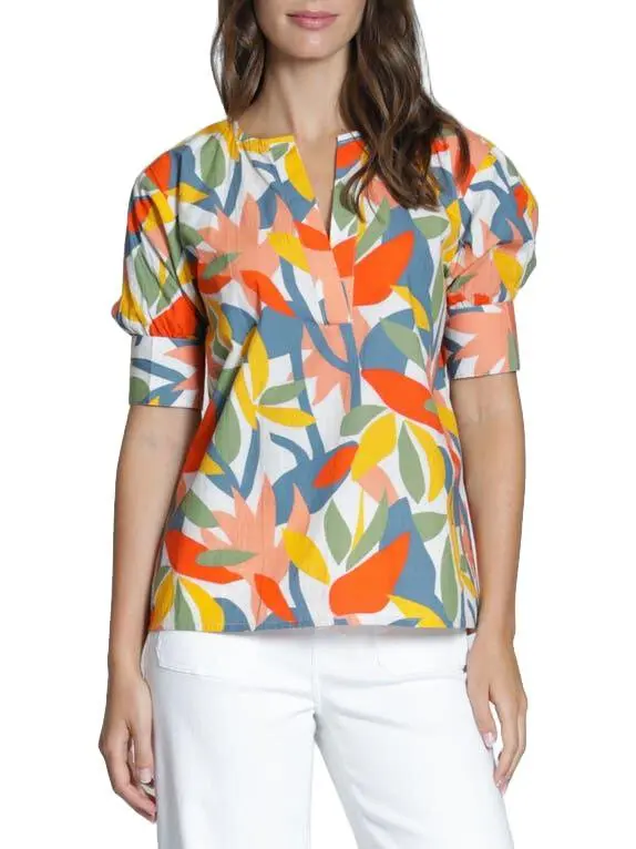 APNY Printed Split Neck Top - Orange Multi
