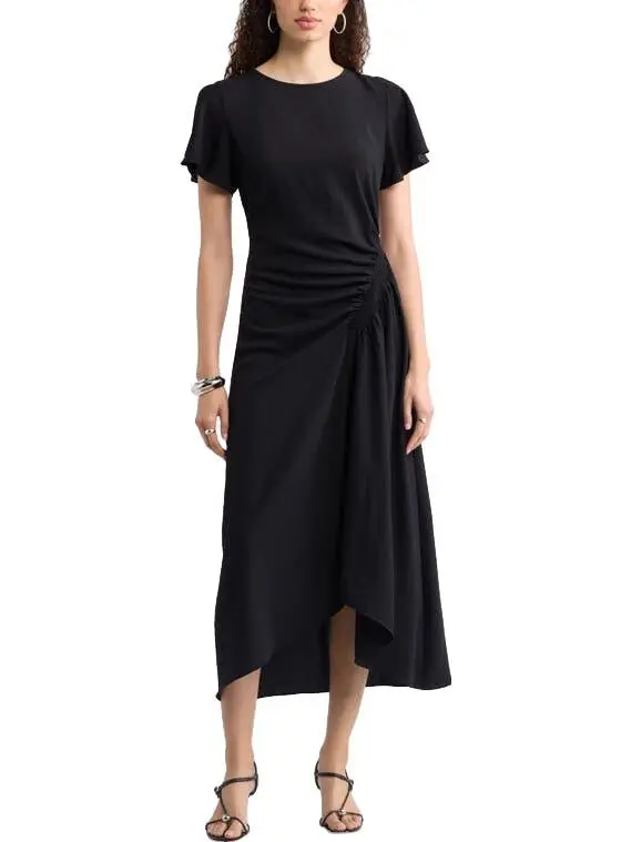 Nordstrom Split Sleeve Side Smocked Midi Dress - Black