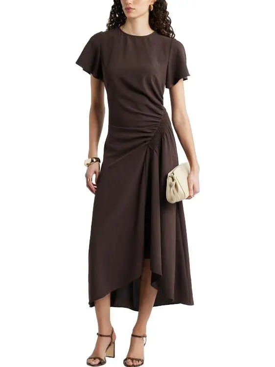 Nordstrom Split Sleeve Side Smocked Midi Dress - Brown Coffee