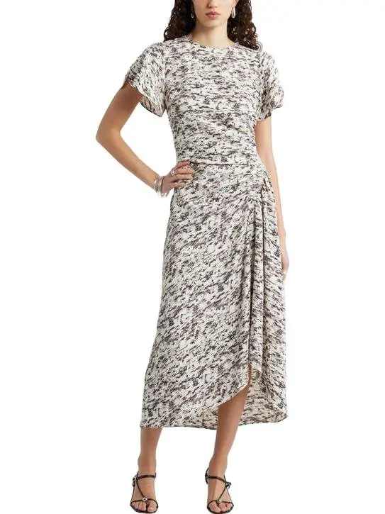 Nordstrom Split Sleeve Side Smocked Midi Dress - Ivory- Brown Textural
