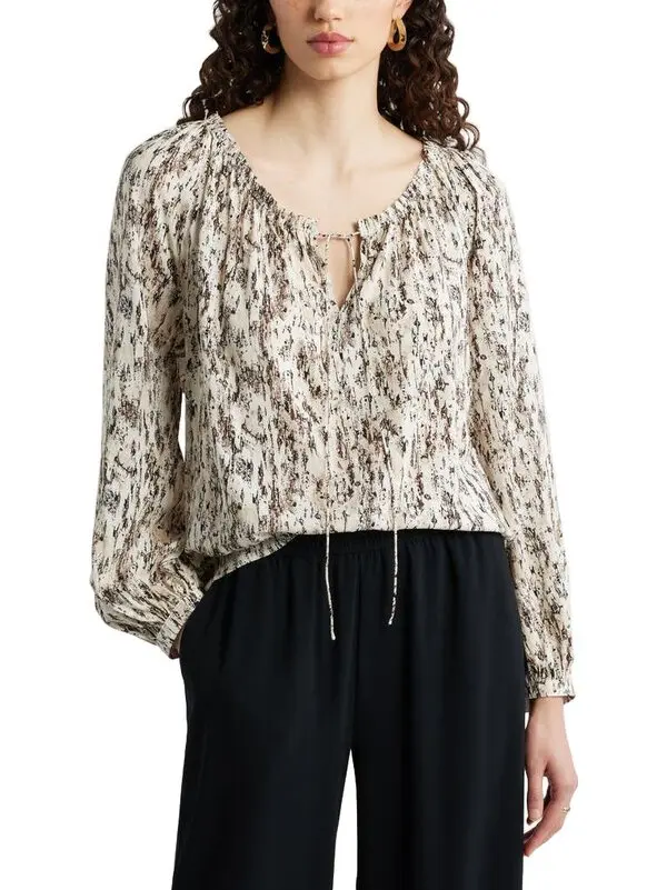 Nordstrom Gathered Tie Neck Blouse - Ivory- Brown Textural