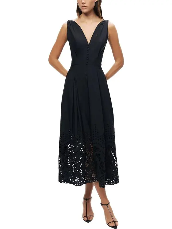NOCTURNE Sleeveless Embroidered Midi Dress - Black