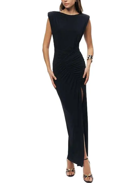 NOCTURNE Ruched Side-slit Maxi Dress - Black
