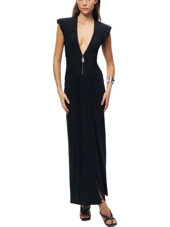 NOCTURNE Ruched Deep V-neck Maxi Dress - Black