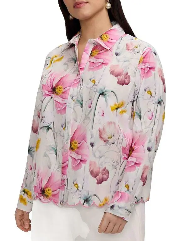 Foxcroft Floral Scallop Hem Cotton Button-up Shirt - Pink/multi