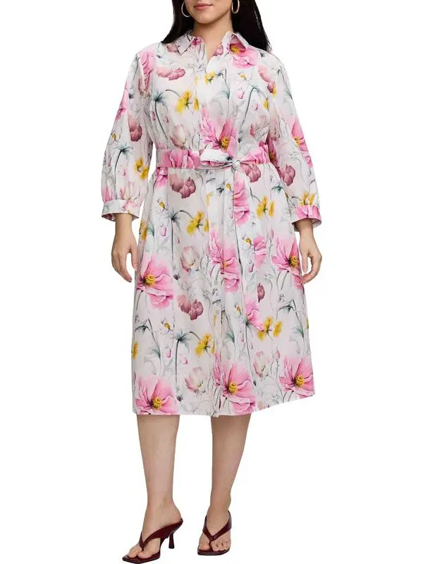Foxcroft Esther Floral Belted Cotton Shirtdress - Pink/multi