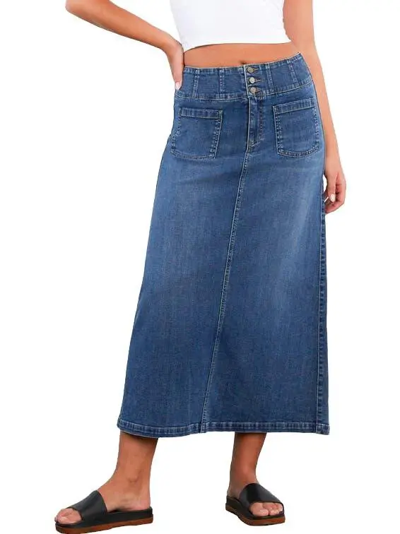 WASH LAB DENIM Norah Stretch Denim Maxi Skirt - Swift Blue