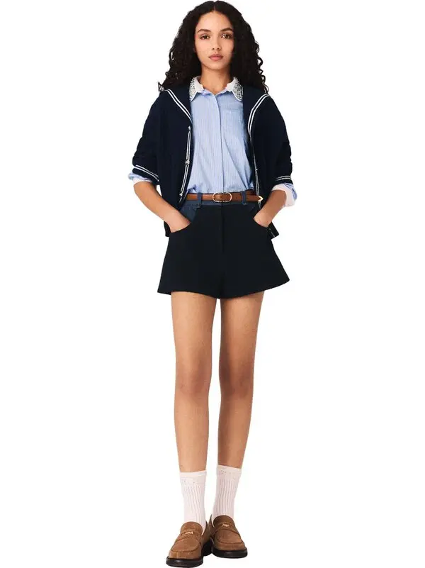 Maje Textured Tweed Shorts With Denim Accents - Navy