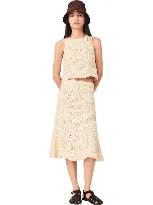 Maje Long Crochet Flared Skirt - Beige