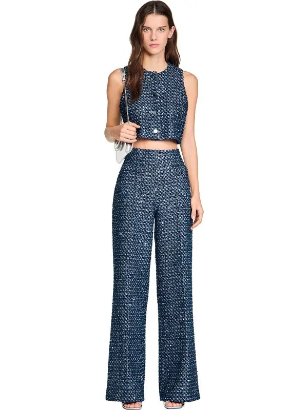 Sandro Sequin Embellished Cotton Trousers - Navy Blue
