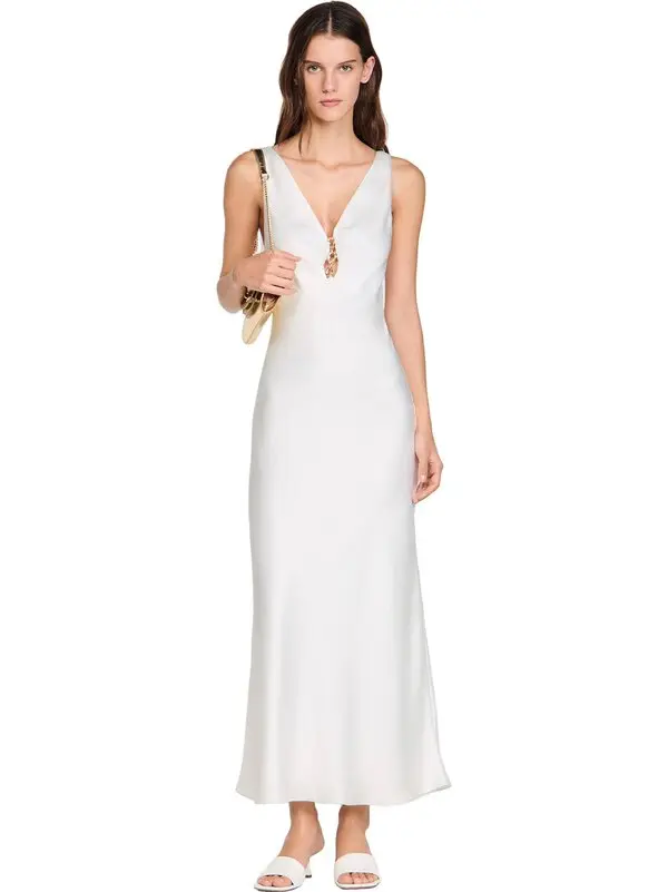 Sandro Satin-effect Maxi Dress With Metal Adornment - White