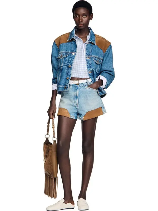 Sandro Riveted Denim And Suede Shorts - Light Bu Jean