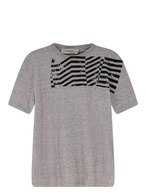 GOLDEN GOOSE Cotton Tshirt With Flag Print On The Front - Grey