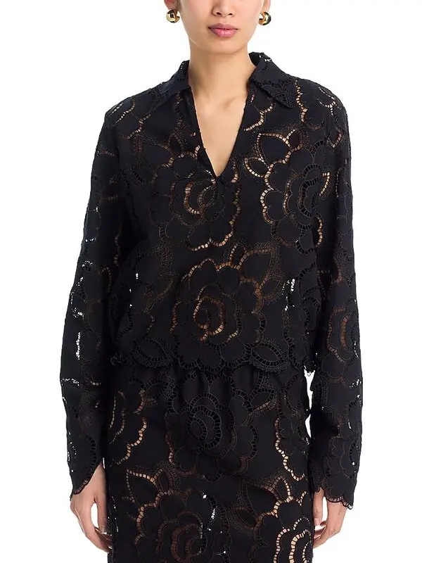 CISSA Long Sleeve V-neck Lace Shirt - Noir
