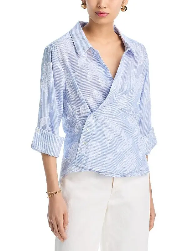 CISSA 3/4 Sleeve Asymmetric Wrap Shirt - Botanic Overlay