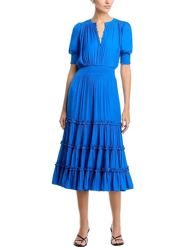 T Tahari Elbow Sleeve Split Neck Tiered Dress - Cobalt Stone