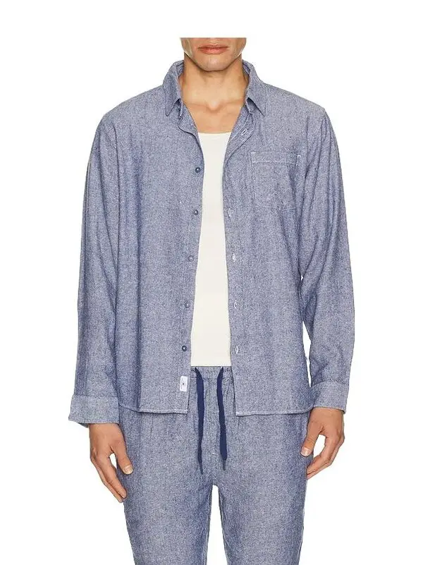 VINTAGE SUMMER Long Sleeve Linen Button Down Shirt In Blue - Navy
