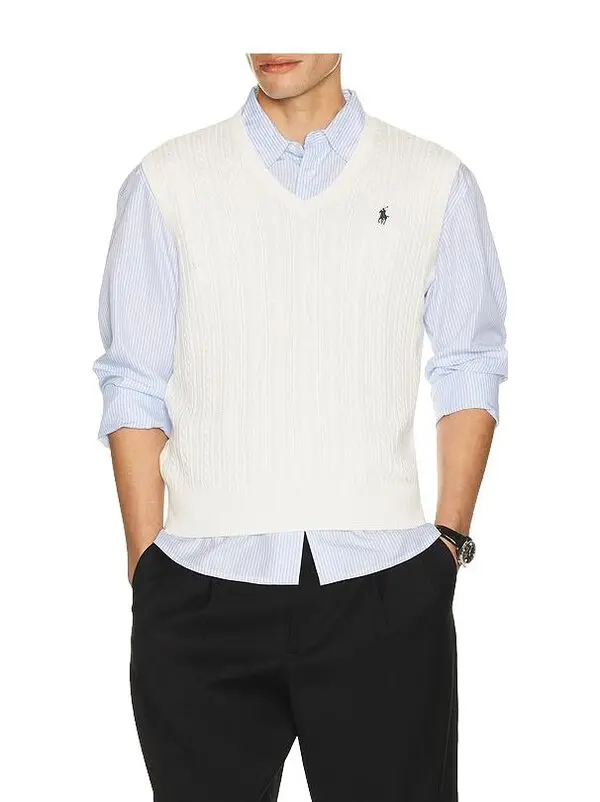 Polo Ralph Lauren Sleeveless Featherweight Cable Knit V-neck Sweater Vest In White - Deckwash White