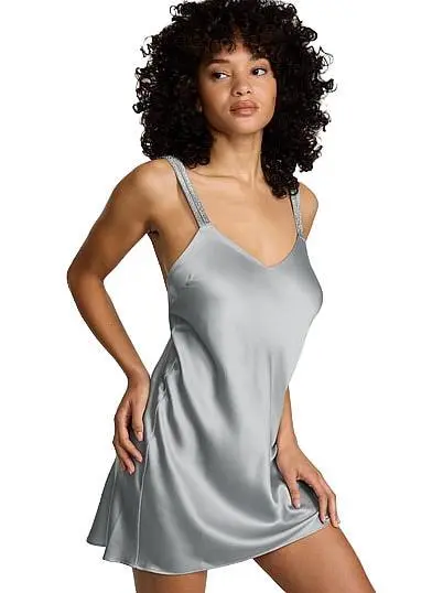 Victoria's Secret Satin Slip Dress With Ombré Crystal Straps - Grey