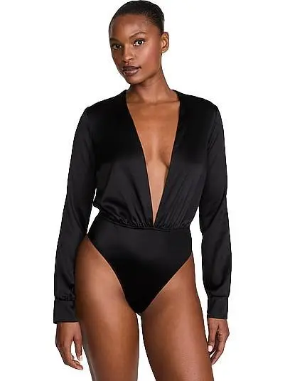 Victoria's Secret Satin Plunge Blouse Bodysuit - Black