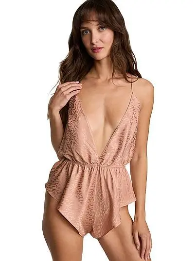 Victoria's Secret Leopard Jacquard Satin Flutter Romper - Beige