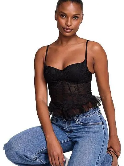 Victoria's Secret Dream Angels Dare To Lace Ruffle Bustier Top - Black