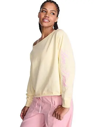 Pink Campus Fleece Rib Off-the-shoulder Sweatshirt - Beige